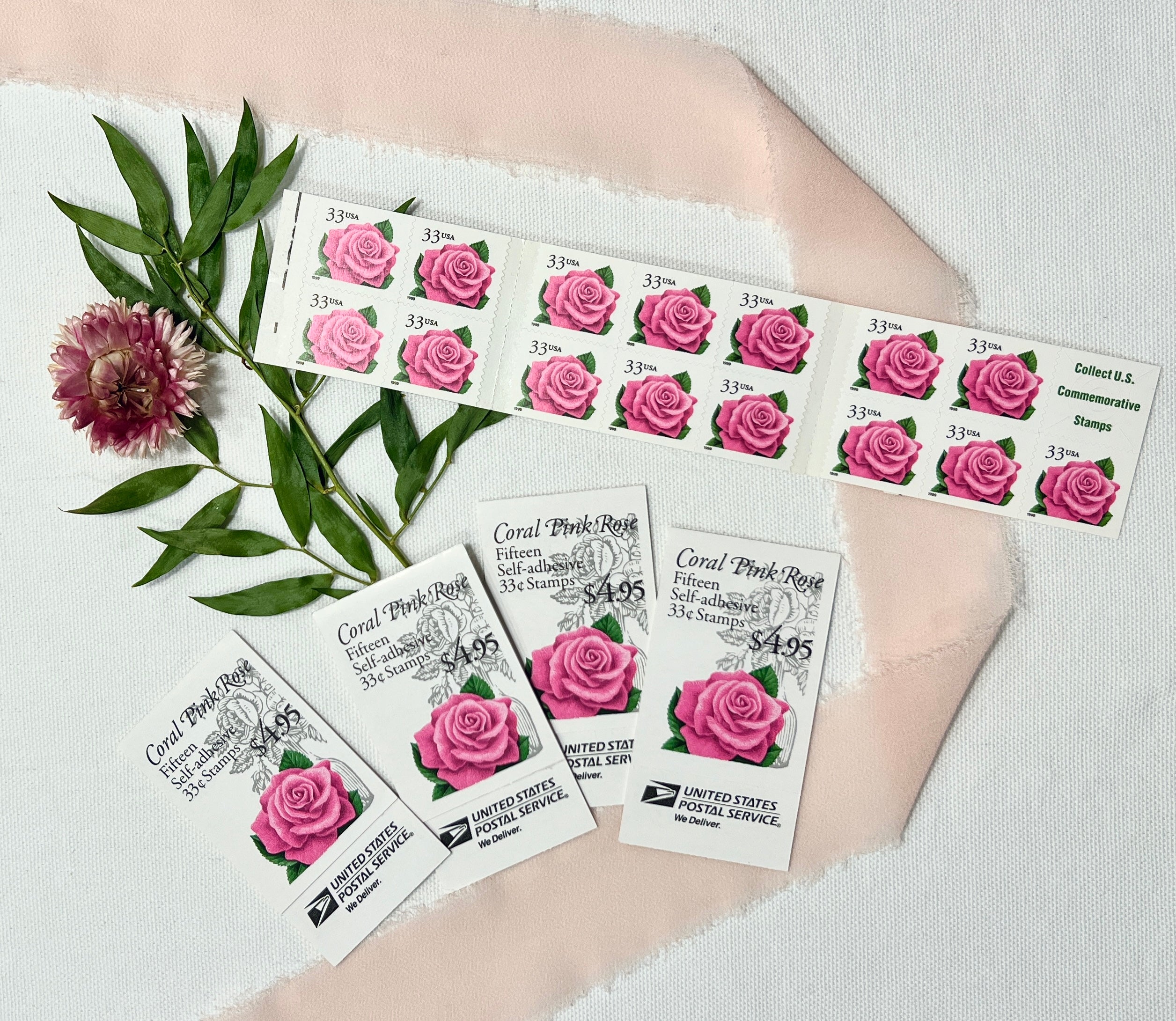 Vintage Coral Pink Rose Postage Stamps - Booklet of 15 USPS Stamps For ...